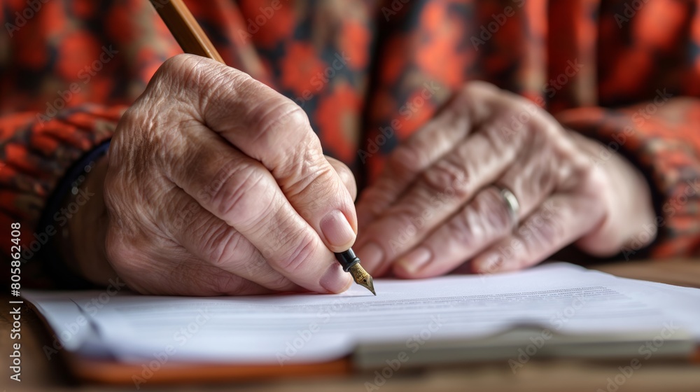 Elderly hands writing a letter with fountain pen Stock Photo | Adobe Stock