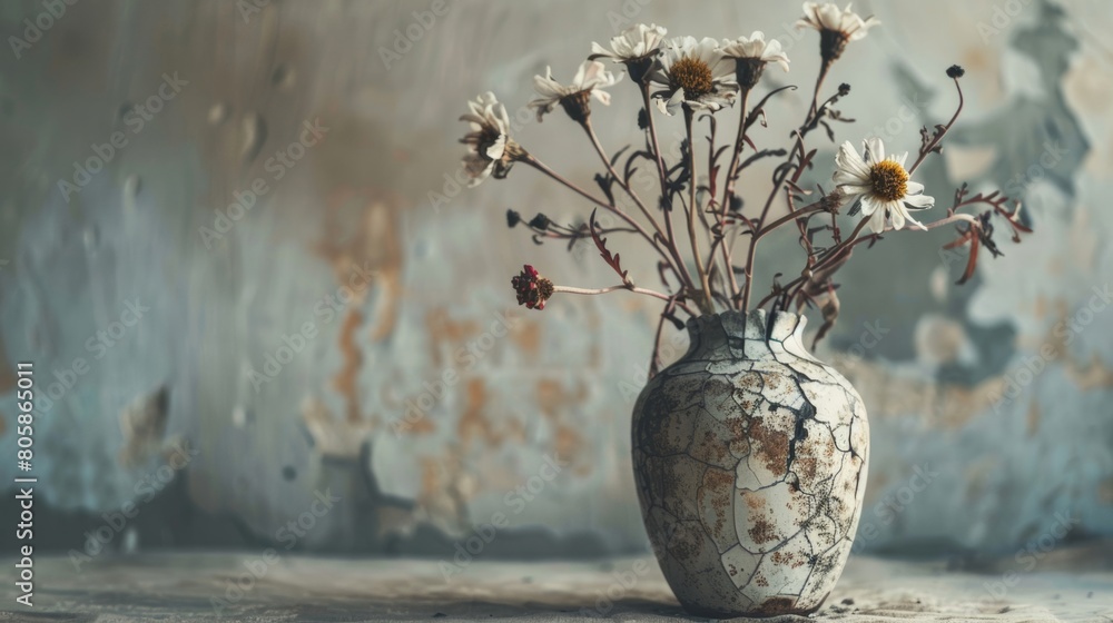 wilted flowers in a cracked vase, metaphor for neglect and decay Stock ...