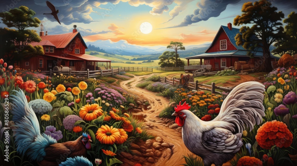 Colorful illustrated farm scene with a vegetable garden, chickens, and ...