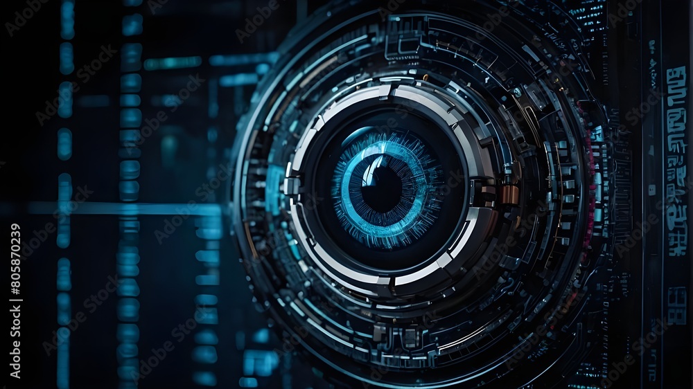 Robotic eye in the dark of technology, hacker or AI; cyborg vision on a ...