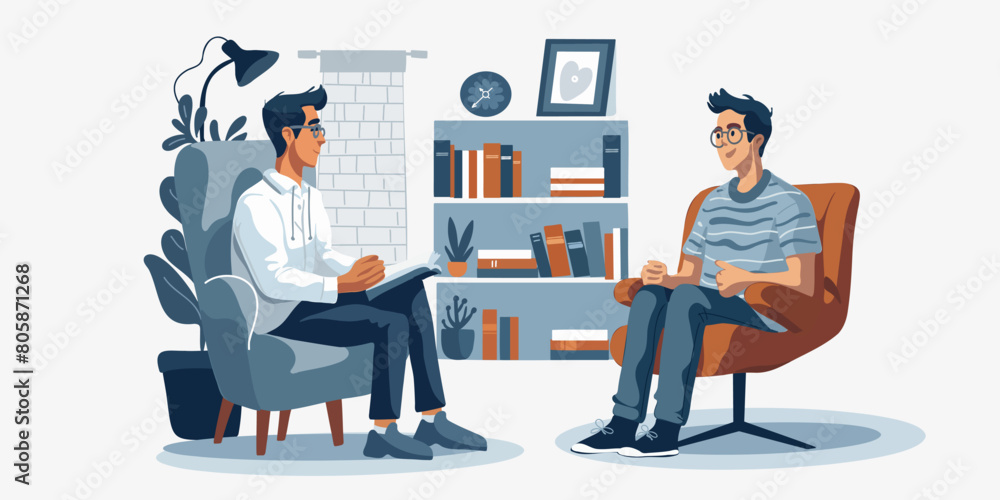 Male client sitting with male psychologist on chairs during ...