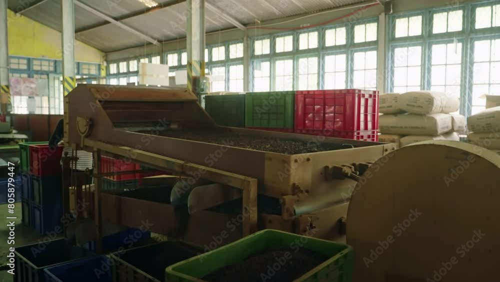 Automated machine sifts tea leaves in factory, separating stems for ...