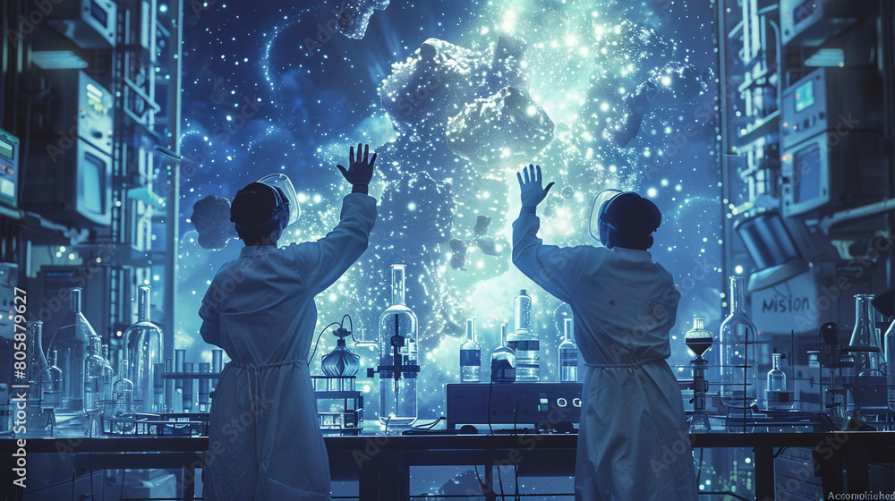 Two scientists cheering, with a massive "Mission Accomplished" banner ...