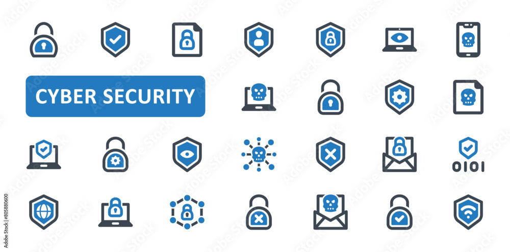 Cyber security icon set. data, protection, secured, network, hacker ...