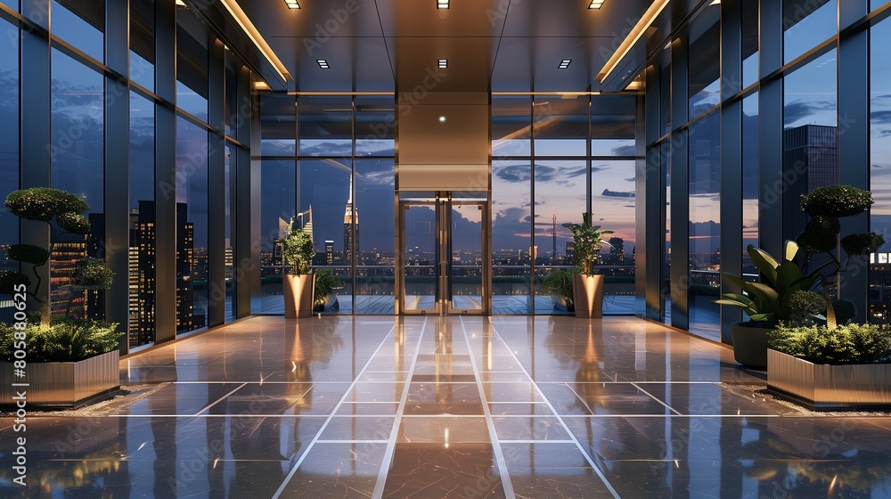 High-rise penthouse entrance with floor-to-ceiling windows and skyline ...