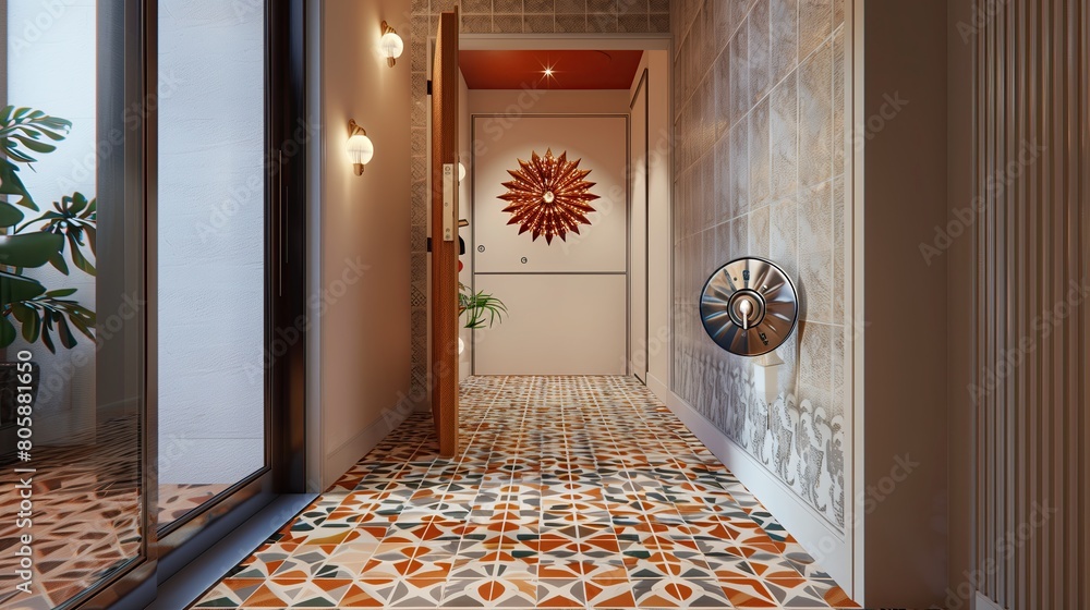 Mid-Century Modern entrance with a patterned tile floor and a starburst ...