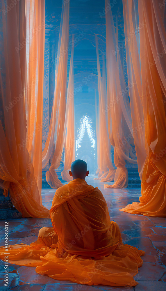 Vertical recreation of a buddhist monk from back sitting in a place ...
