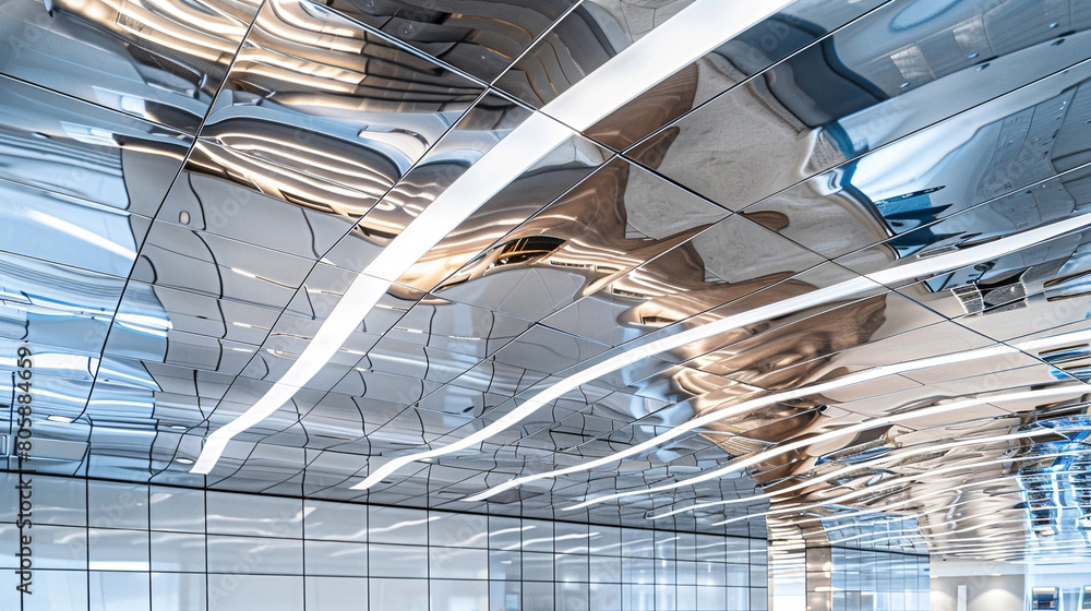 Reflective chrome-paneled ceiling, creating a mirror effect that ...