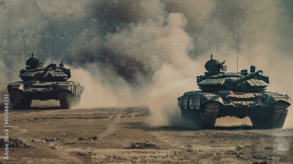 Tanks in battlefield with dust clouds moving aggressively through a ...