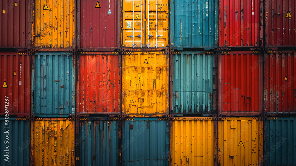 Colorful stacked shipping containers texture industrial freight, grunge ...