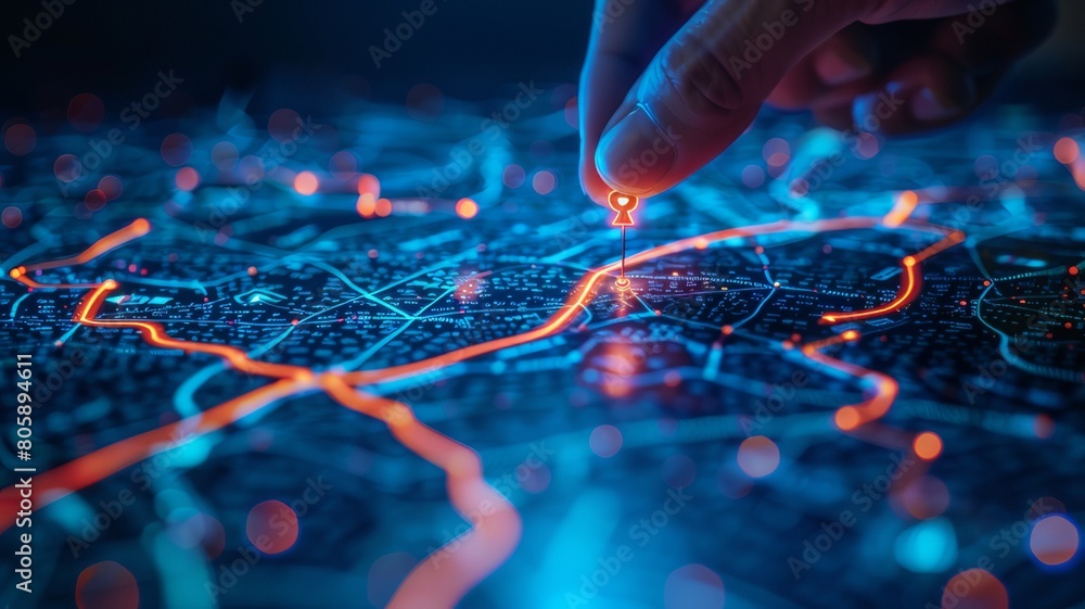 Establishing a location on the map and building a route, navigation ...