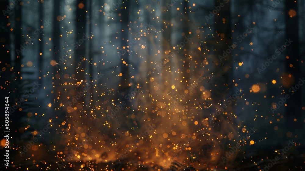 Forest background with particles of fire sparks flying in the air ...