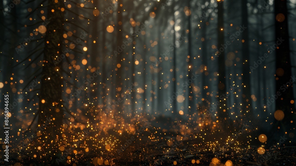 Forest background with particles of fire sparks flying in the air ...