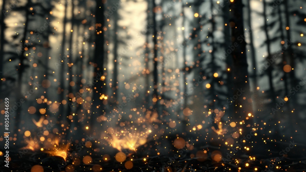 Forest background with particles of fire sparks flying in the air ...