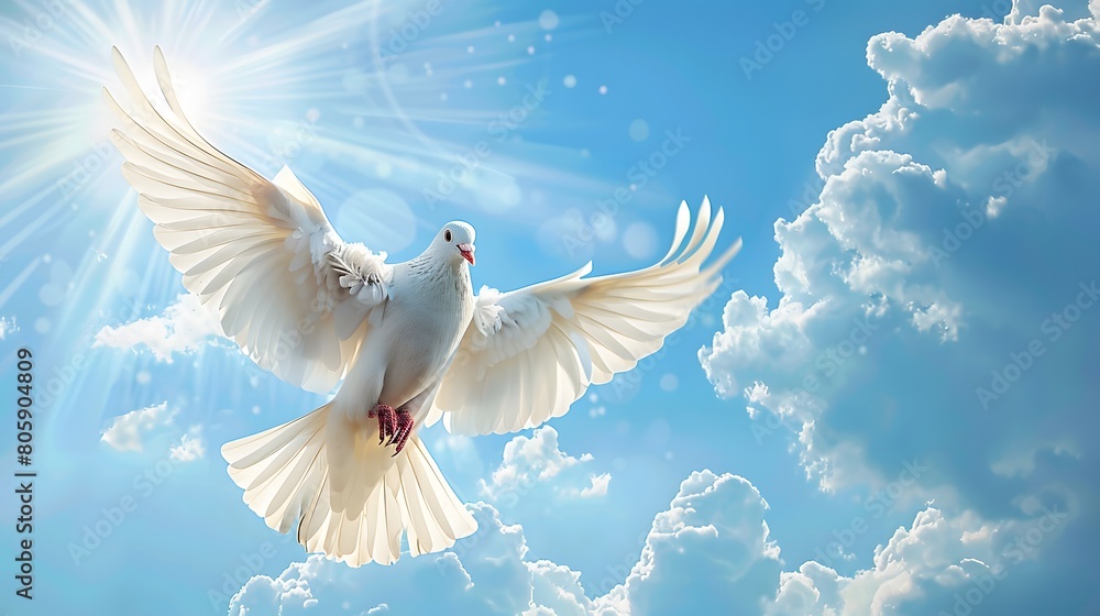 A white dove flaps its wings in the blue sky, with clouds and sunshine ...