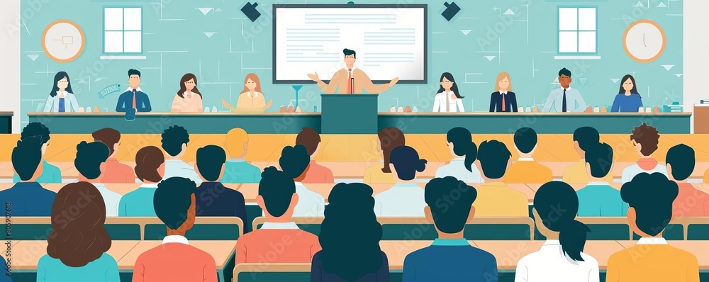 Flat design of a school assembly, with the principal speaking and ...