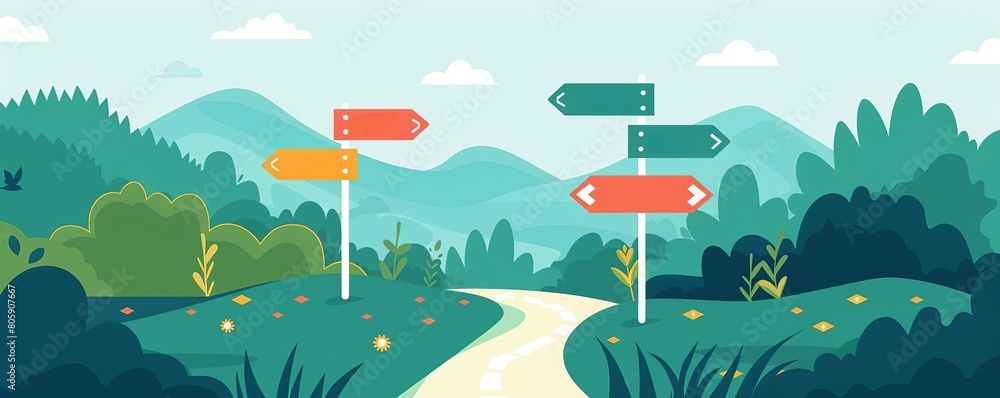 Flat design visual of financial decisionmaking, with crossroad signs ...