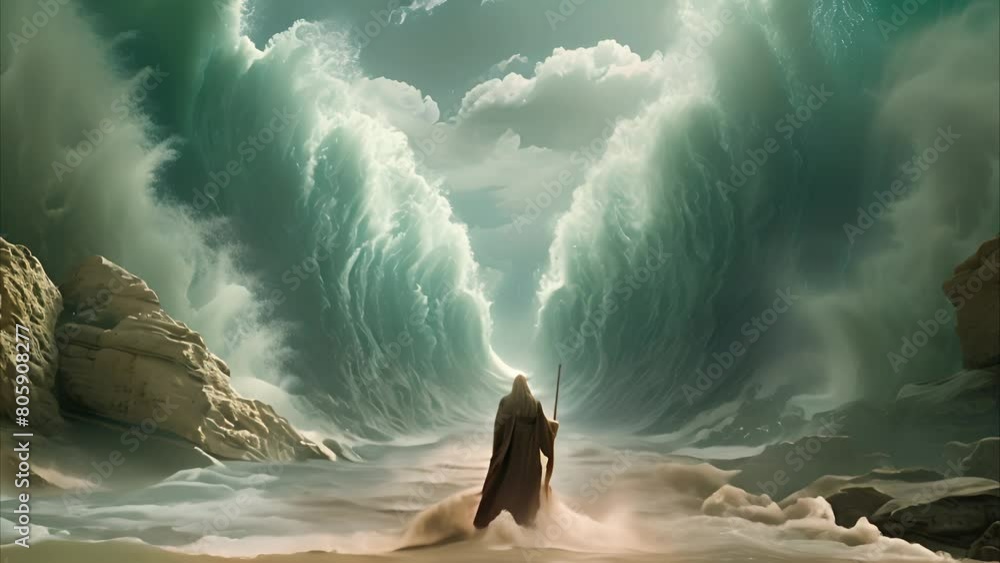 Moses parting the Red Sea, with towering walls of water on either side ...