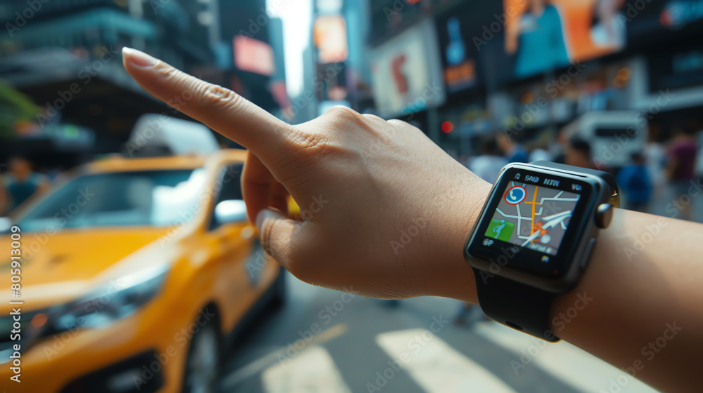 Using the map app on her smartwatch, a woman navigates the busy city ...