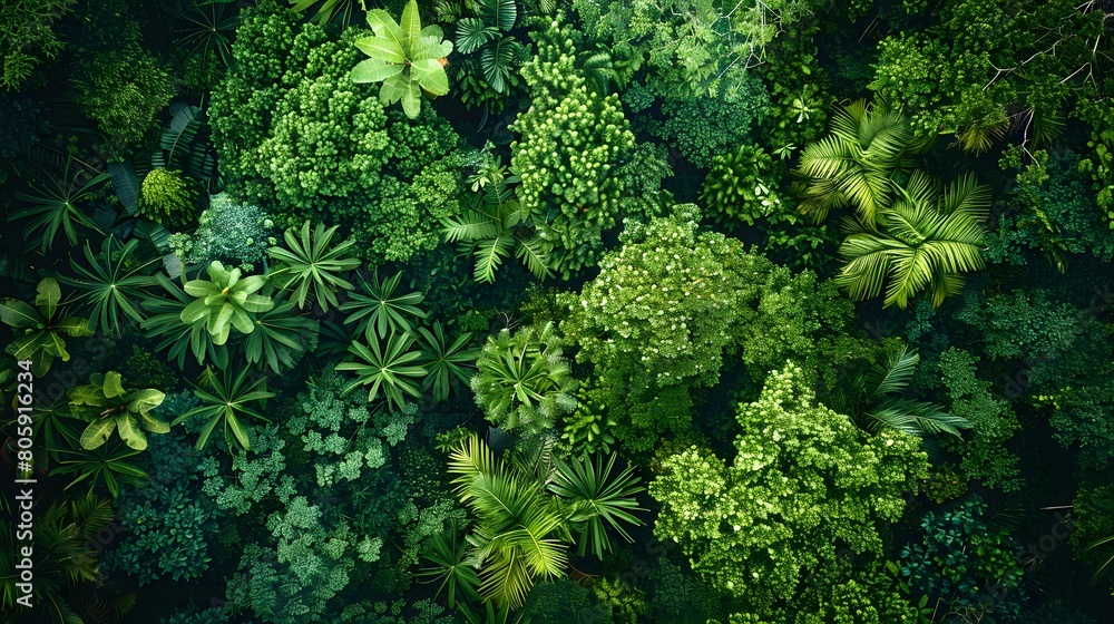 Aerial view of a dense forest with lush green trees, from a top down ...