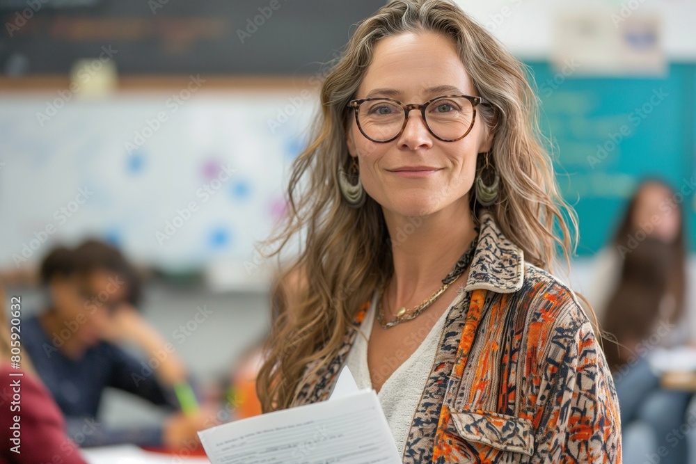 Happy middle aged female teacher standing in front of a whiteboard with ...
