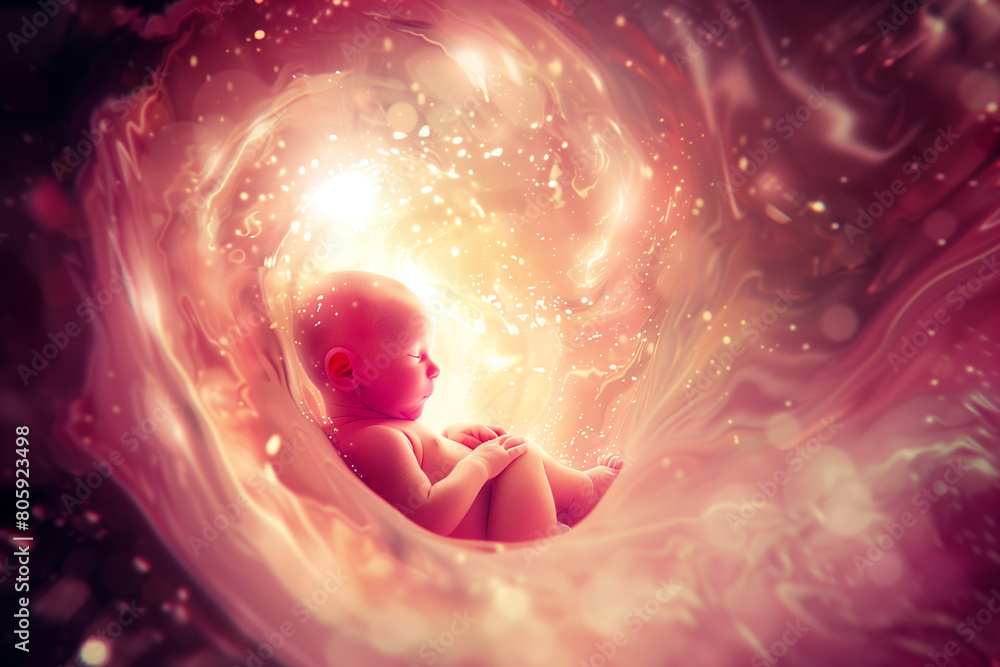 Child in womb, unborn little baby in utero of mother, development of ...