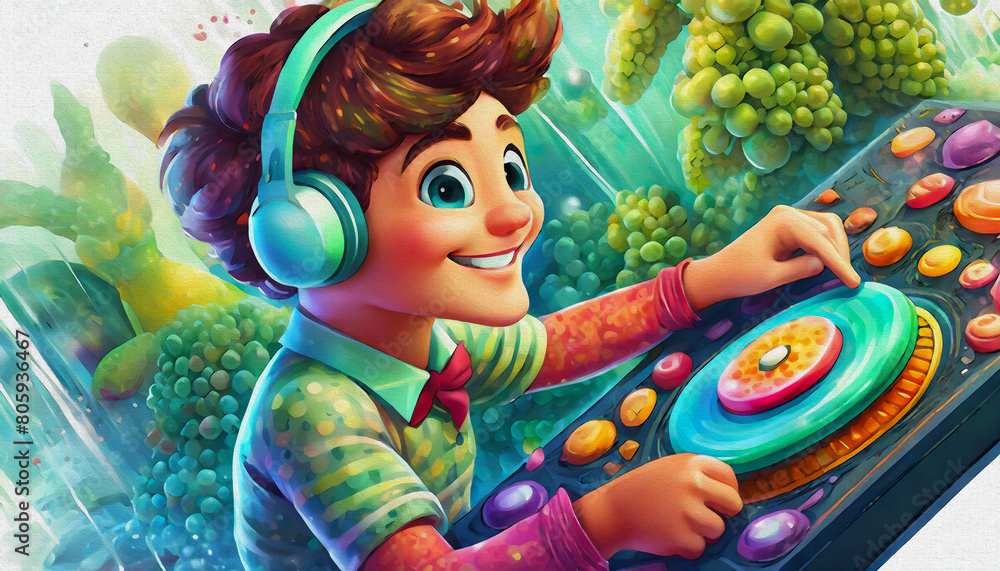 oil painting style CARTOON CHARACTER cute DJ doing record Scratching in ...