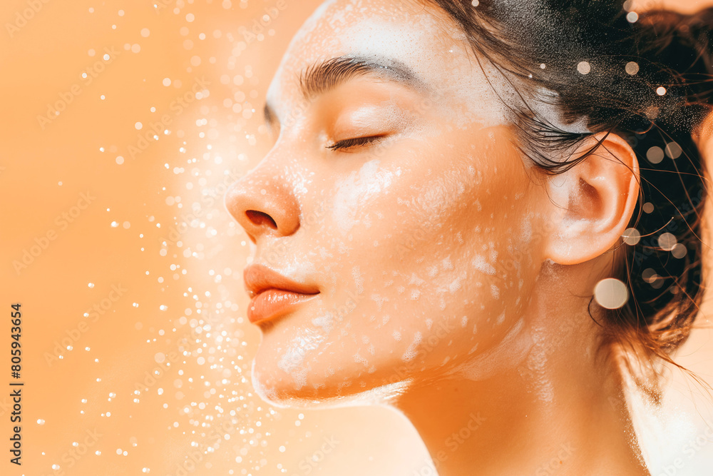 Young woman sprays a facial spray mist or thermal water, soothing tonic ...