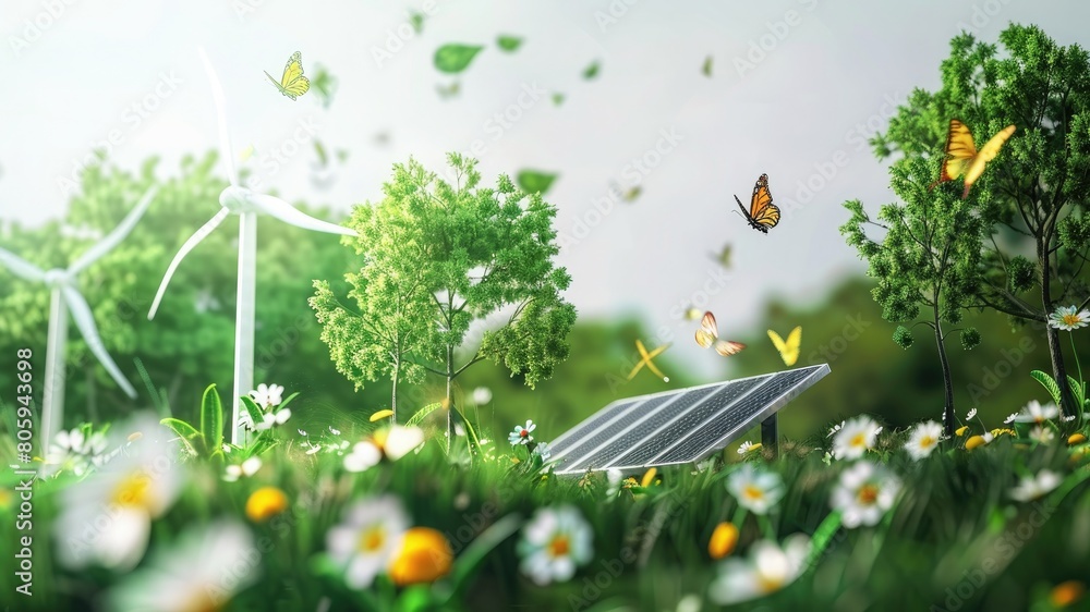 Explore the green energy concept with solar panel and wind turbine ...