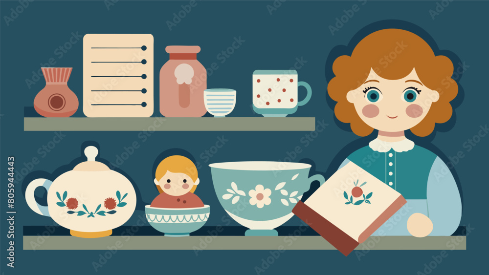 On a shelf are a set of ornate teacups and saucers a porcelain doll and ...