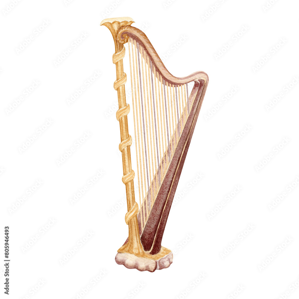 Golden harp classical music instrument. Vintage string lyre. Watercolor ...