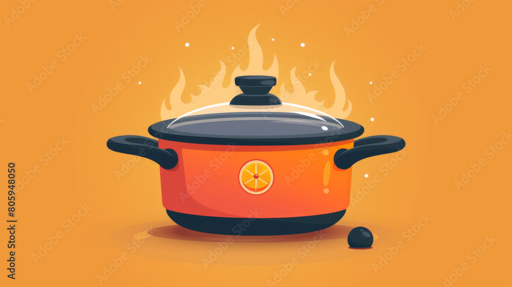 An animated, vibrant orange hot pot boiling over an open flame, exuding ...