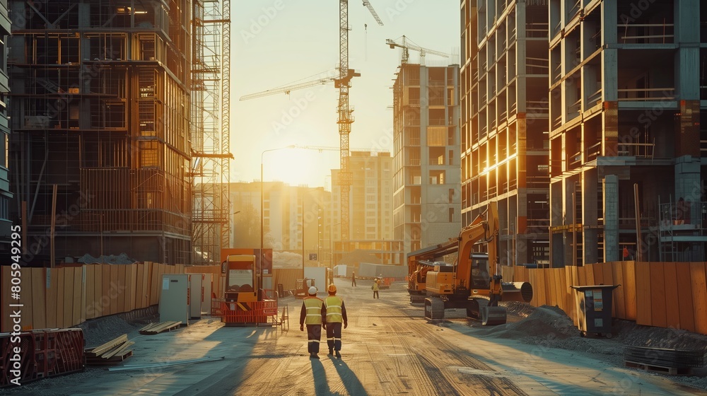 Skyscraper construction in urban area, engineers and workers at site ...