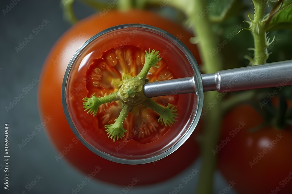 A magnifying glass over a tomato, showing its cross-section A hand ...