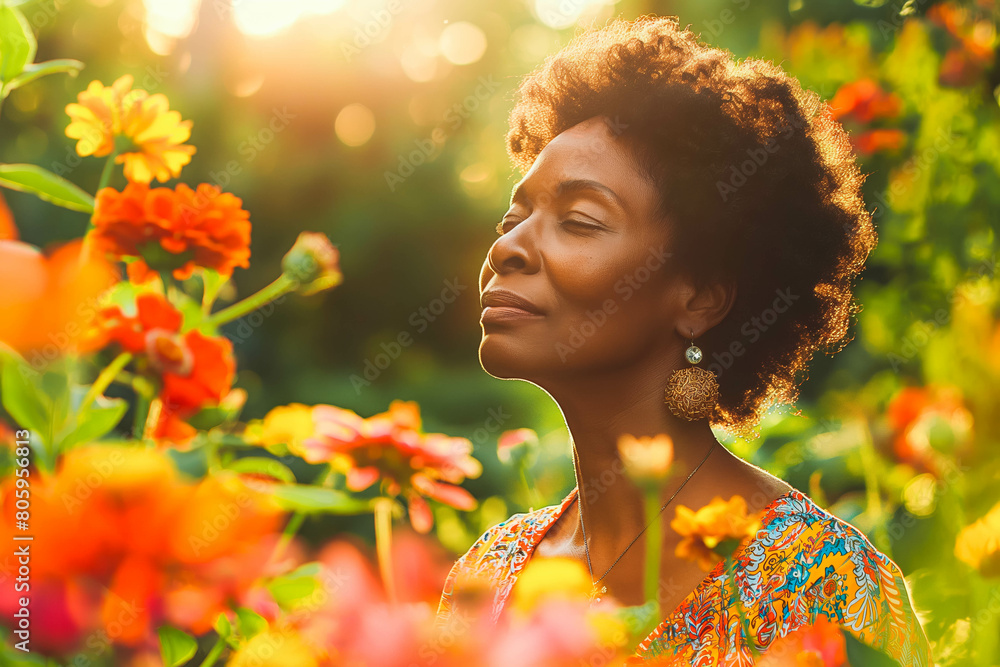 An elegant Afro-American woman enjoying a leisurely afternoon in a sun ...