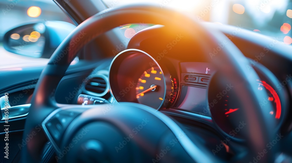 A sleek car dashboard, highlighted by a speedometer and tachometer ...