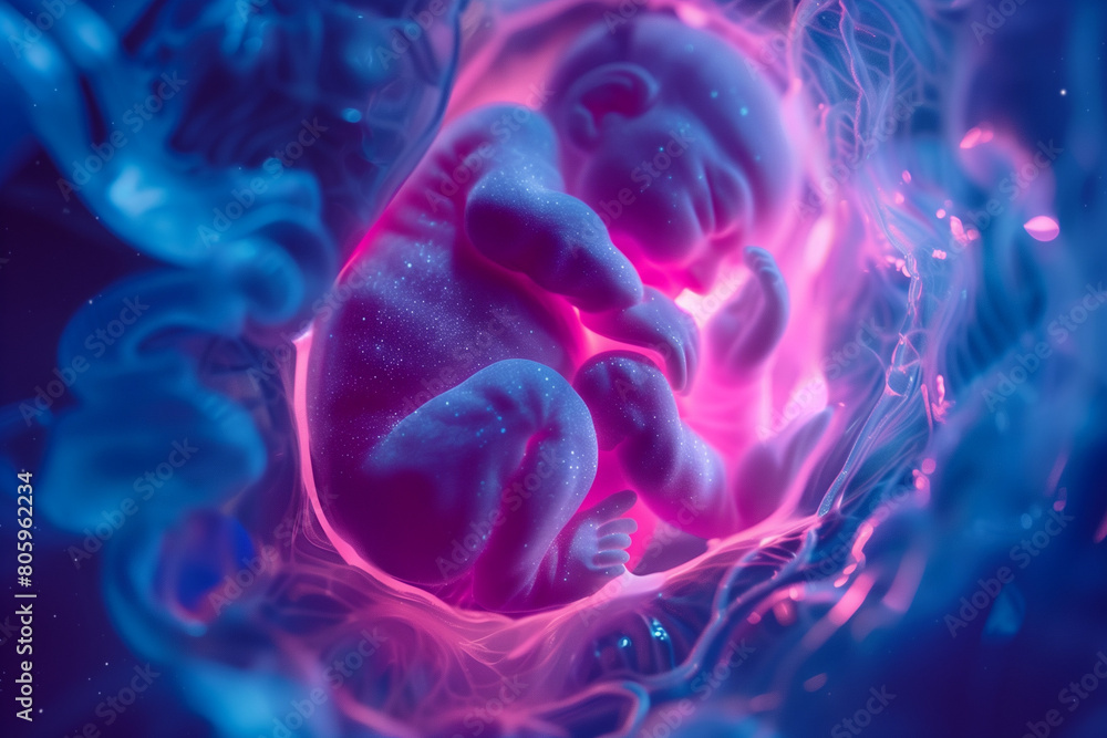 Little human baby inside mother womb. Small embryo in uterus. Cute ...