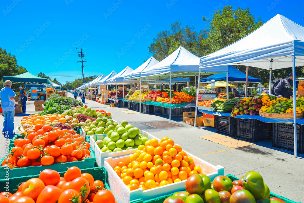 A bustling farmers market with colorful fruits and vegetables on ...