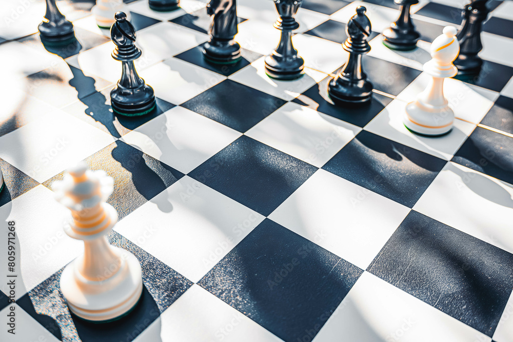 A classic chessboard with black and white squares, set up for a ...