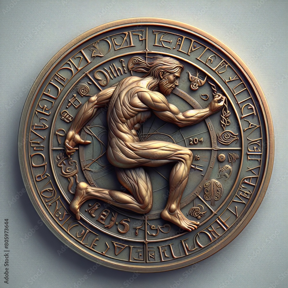 Muscular Figure in Zodiac Circle: Bronze Relief Sculpture with ...