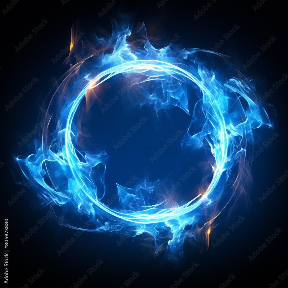 Blue glowing ring on a dark background. Blue energy circle, glowing ...