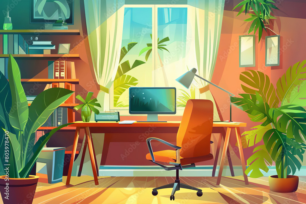 Office space cartoon ideas: vacant table, pc racks, work area, window ...