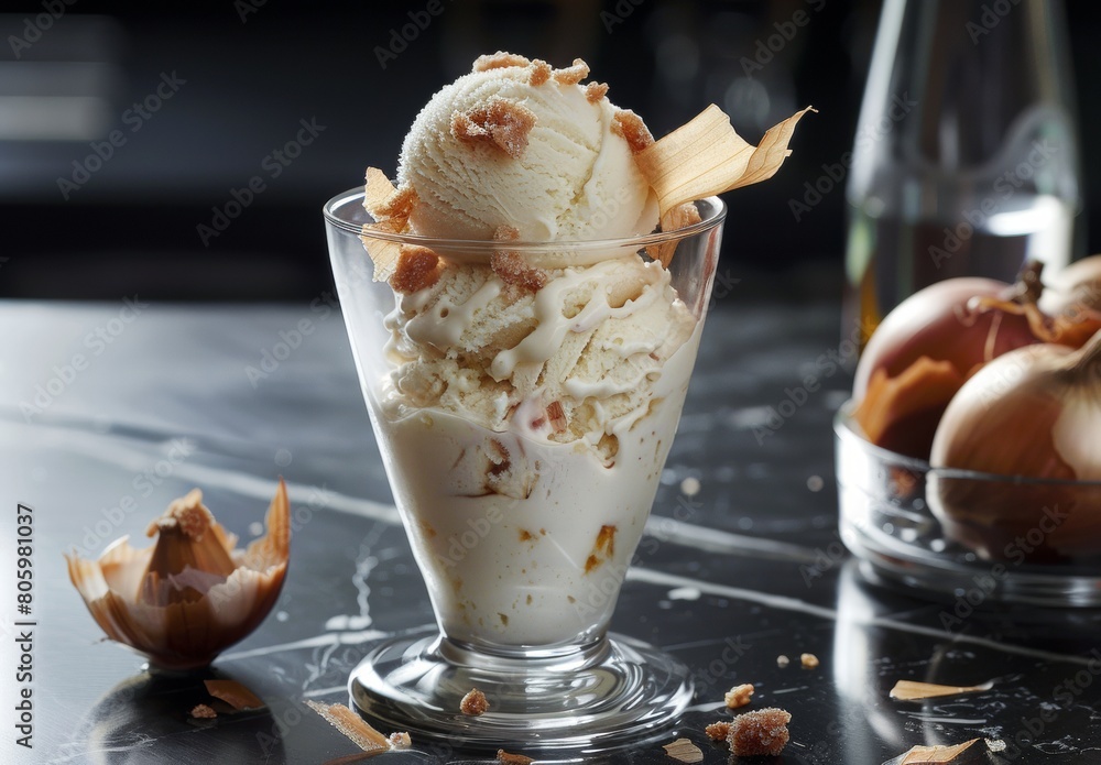 Savory caramelized onion ice cream, a modern trend, topped with sweet ...
