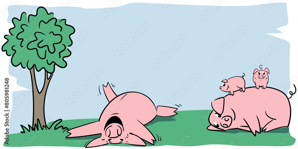 Very happy pigs lying on grass and little pigs in a large field with a ...