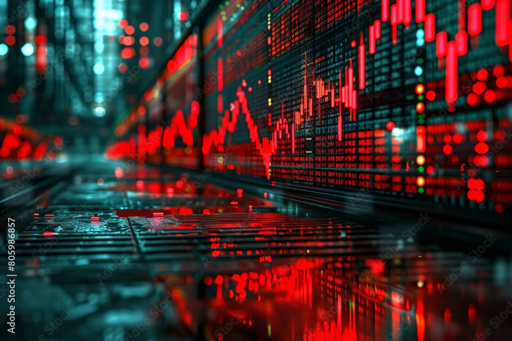 Abstract visualization of stock market, featuring red and blue lights ...