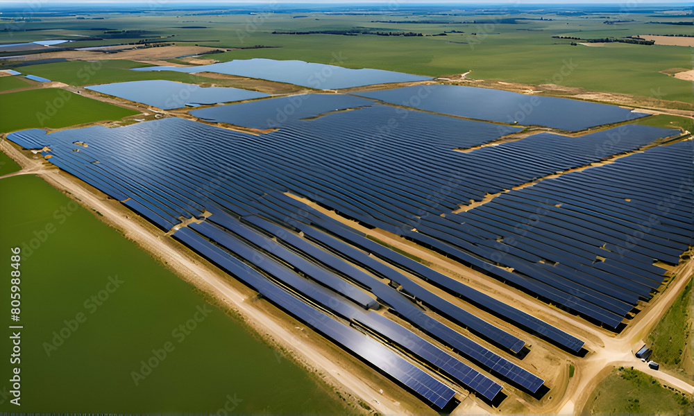 Solar power cells; solar power plant view from above, sustainable green ...
