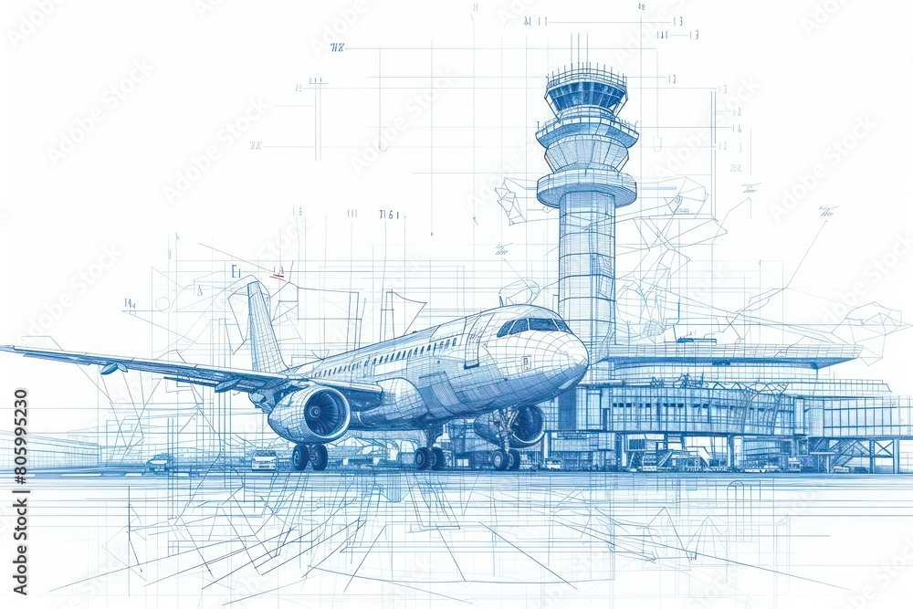 digital blueprint drawing of airplane parking near terminal building ...