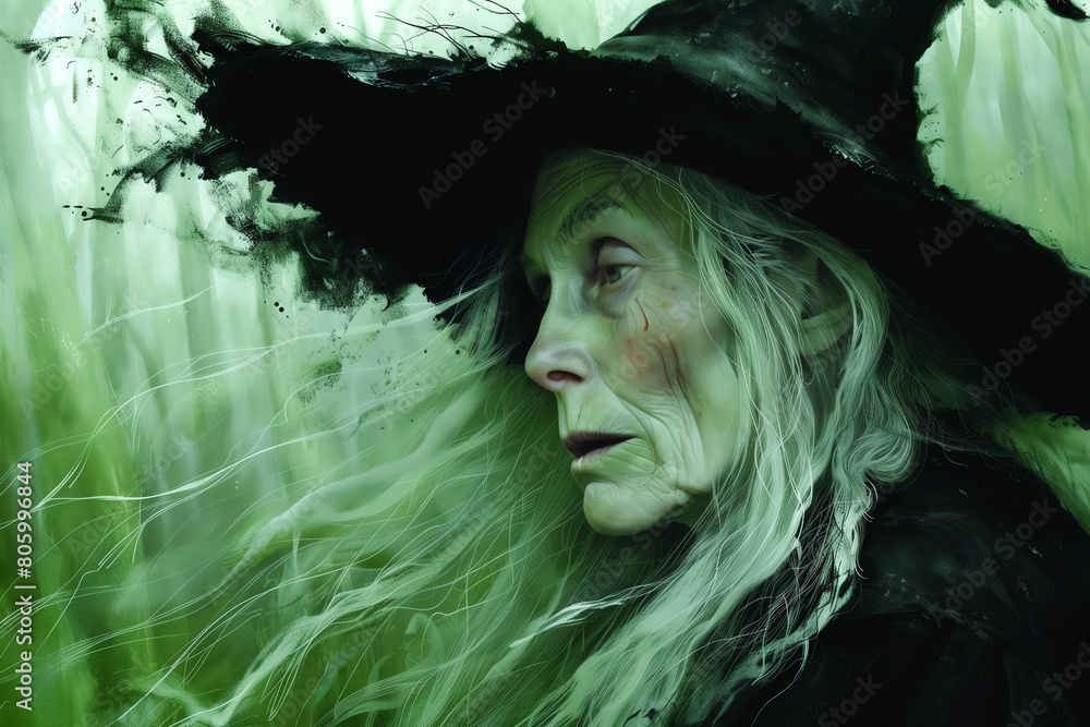 portrait of an old scary and ugly green witch with hat in a foggy ...