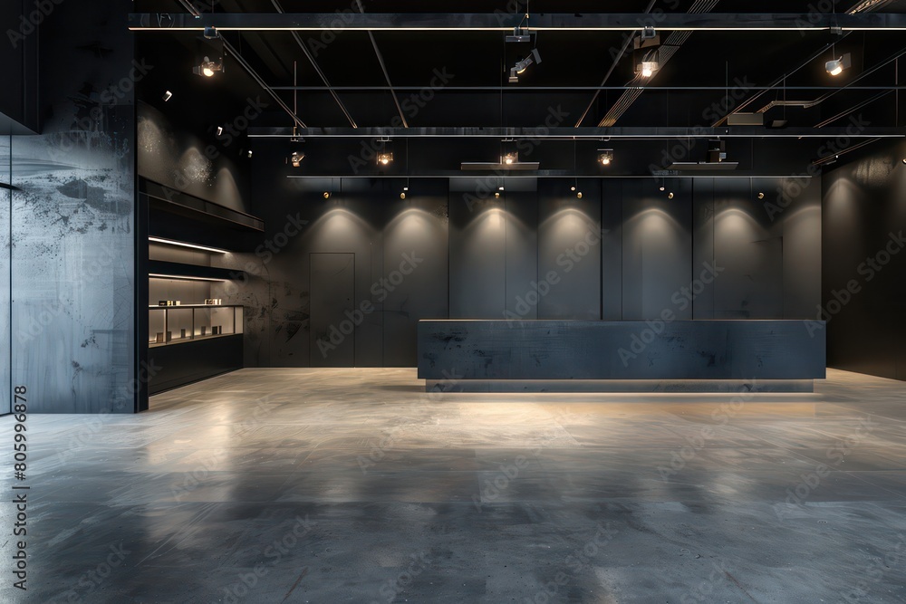 empty retail shop, modern lights, concrete floor, black flat wall and ...