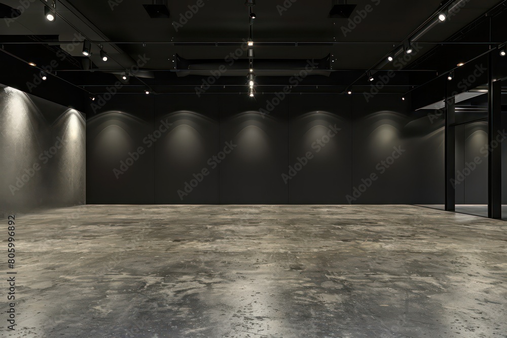 empty retail shop, modern lights, concrete floor, black flat wall and ...
